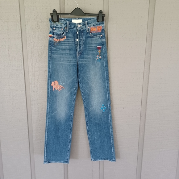 MOTHER | Jeans | Mother Blue Straight Leg Jeans With Embroidery | Poshmark